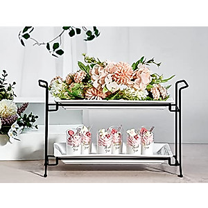 ONEMORE 2-Tier Serving Tray, Collapsible Food Display Stand with Microwave Freezer and Oven Safe Rectangular Ceramic Platters Perfect for Indoor/Outdoor Celebrations and Parties - Bright White