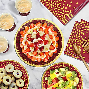 140 Pcs Burgundy & Gold Party Supplies - Gold Dot Disposable Dinnerware - Paper Plates, Napkins, Cups, Plastic Forks, Knives, Spoons for Christmas, Wedding, Graduation Decoration
