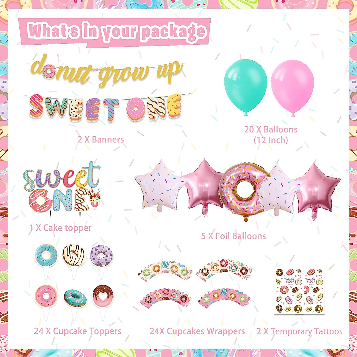 Sweet One Birthday Party Supplies for 2 Year Old Girl, 150 Pcs Donut Party Decorations for Girls Baby - Backdrop, Banner, Cake, Cupcake Toppers, Cupcakes Wrappers, Tablecloth