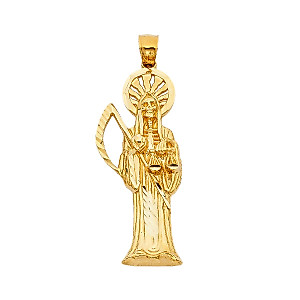 14k Yellow Gold Religious Santa Muerte Pendant - Height 45 MM Width 20 MM Avg. Weight 4.2 grams