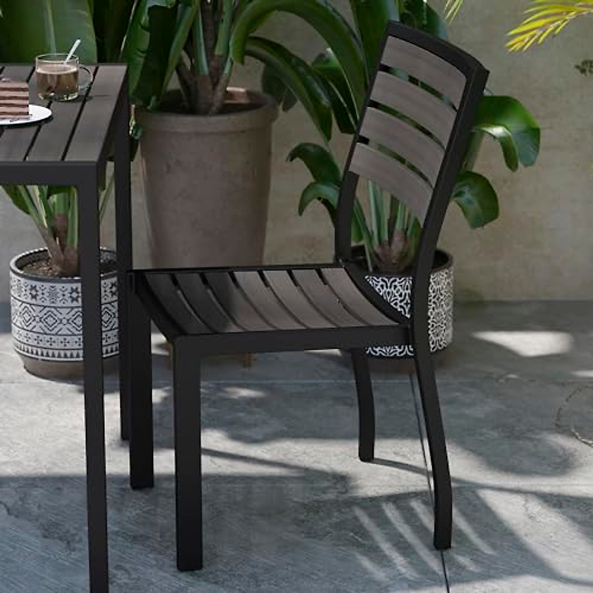 Flash Furniture Lark Outdoor Stackable Side Chair with Gray Wash Faux Teak Poly Slats, Set of 2