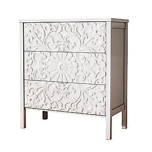 PHOYAL 3-Drawer Dresser Chest, Modern Wooden Flower Motif Dresser with Wide Storage Space Chest of Drawers Bedside Nightstand Dresser Closet for Living Room Bedroom, Hallway (White)