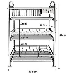 Plate Rack Dish Drainer Rack Stainless Steel with Knife Utensil Basket Removable Tray Large Space to Hold Dishes Bowls and Spoons Pan Plate Holder (Color : Silver, Size : 40.5x29x62cm)