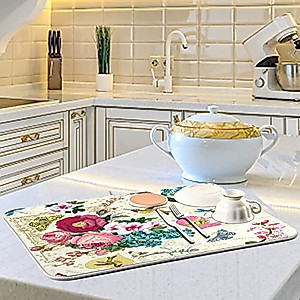 Beautiful Flower Dish Drying Mat For Kitchen Counter, Ultra Absorbent Reversible Microfiber, and Protector for Kitchen Countertops 18 In x 24 In