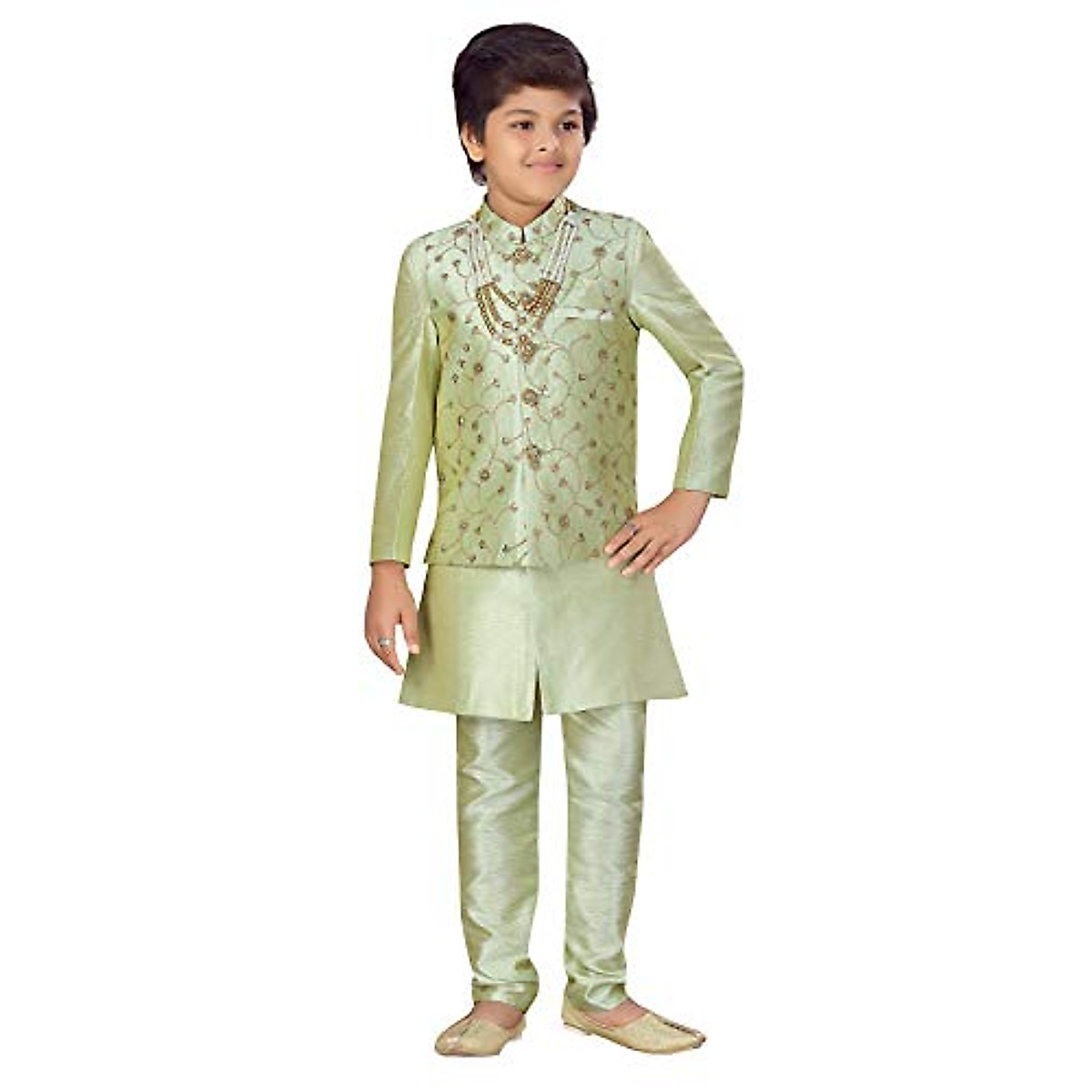 AHHAAAA Kids Ethnic Banarasi Silk Waistcoat Kurta Pajama Set for Boys Green