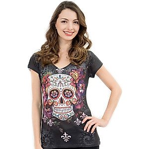 Sweet Gisele Sugar Skull V-Neck T Shirt Day of The Dead Rhinestones Bling for Women Black,Large,Black