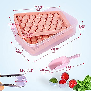 Round Ice Cube Tray, Ice Ball Maker Mold for Freezer with Lid & Bin, Easy Release Mini Sphere Ice Cube Mold Making 1.1IN X 66PCS Circle Small Ice Cube for Cocktail, Whisky(2 Pink Tray, 1 Scoop & Tong)