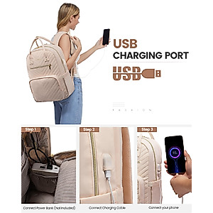 LOVEVOOK Laptop Backpack for Women, Large Capacity Travel Backpack with Luggage Strap, Stylish Women Backpack with USB Port, Waterproof Quilted Work Backpack for College Business 15.6 Inch, Beige