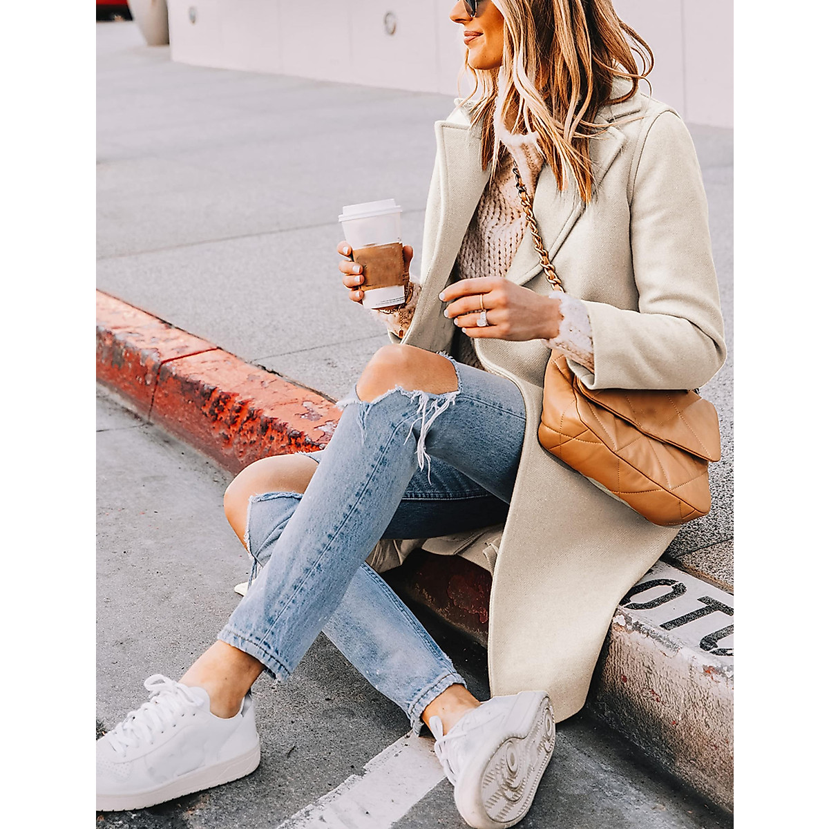 Tanming Women's Notch Lapel Double Breasted Wool Blend Mid Long Pea Trench Coat (Beige-L)