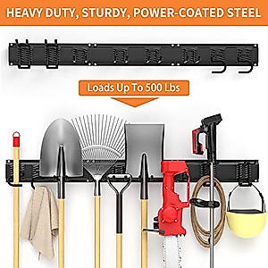 Garage Tool Organizer Wall Mount 11 PCS, Yard Garden Tool Organizer, Adjustable Garage Organizers with 8 Heavy Duty Hooks, Max Load 500lbs Garage Storage for Garden Tools, Shovels, Trimmers, Hoses