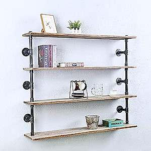 GWH Industrial Pipe Shelf Wall Mounted,Steampunk Real Wood Book Shelves,4 Tier Rustic Metal Floating Shelves,Wall Shelving Unit Bookshelf Hanging Wall Shelves,Farmhouse Kitchen Bar Shelving(48in)