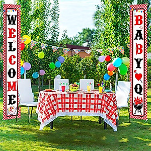 Baby Q Banner Decorations BBQ Baby Shower Banner for Summer Party Supplies Favors Summer Porch Sign Red Gingham Barbecue Picnic Party Decor Supplies Banner Hanging Decoration