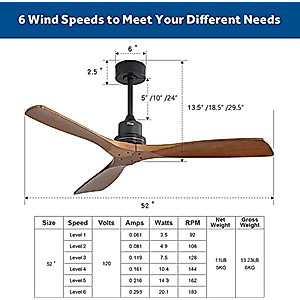 ReLa Mall 52in Ceiling Fan with Remote Control, Indoor Outdoor, Black Ceiling Fan No Light, Walnut Wood Blades, Reversible Motor for Bedroom Patios Kitchen Living Room Farmhouse