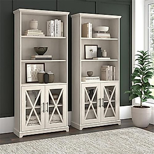 Bush Furniture Lennox Tall 5 Shelf Bookcase with Glass Doors in Linen White Oak | Farmhouse Bookshelf Cabinet for Living Room and Home Office