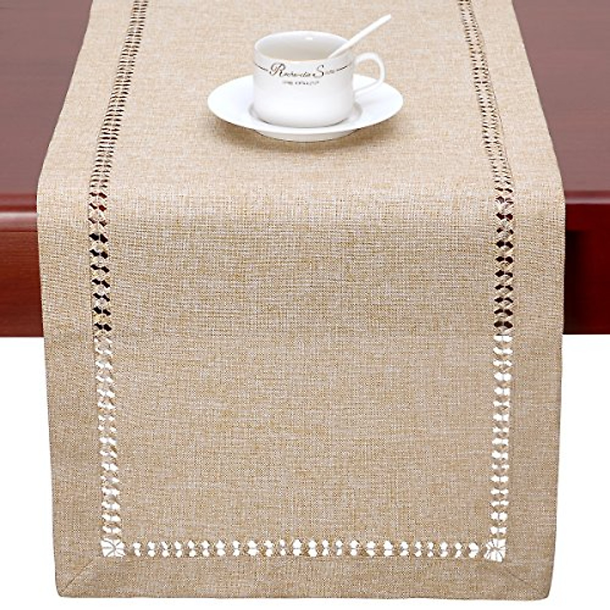 Grelucgo Handmade Hemstitch Beige Table Runner Or Dresser Scarf, Rectangular 14 by 36 Inch