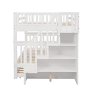 Full Over Full Bunk Bed with Trundle, Wood Full Bunk Bed with Storage Shelves, Full Over Full Bunk Bed Frame with Guardrails and Stairs for Kids Teens Adults, Can be Convertible into 2 Beds, White