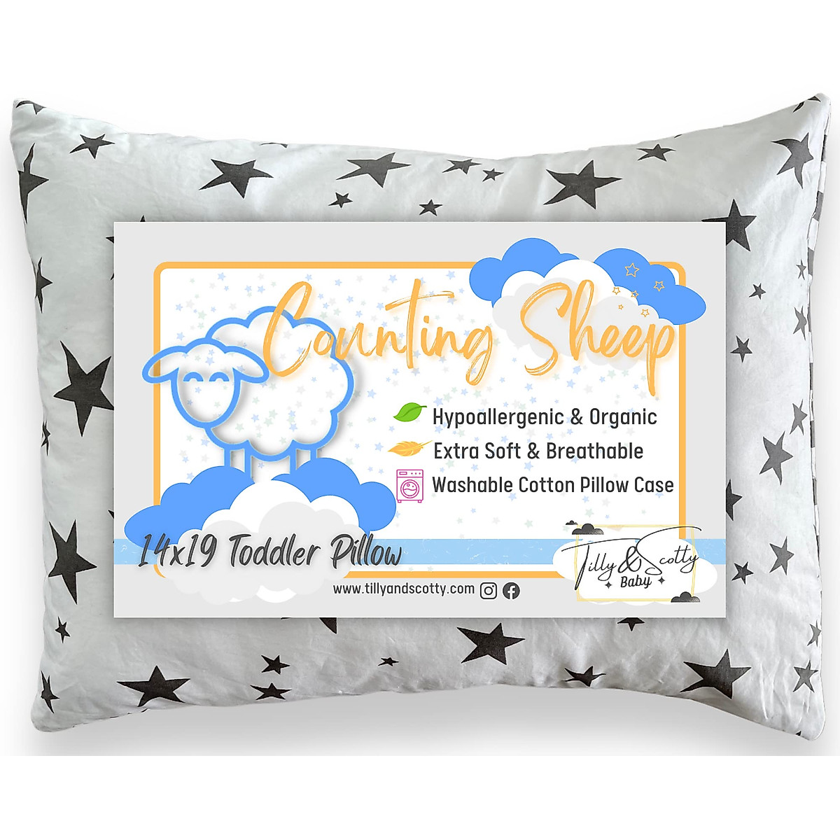 Tilly&Scotty Toddler Pillows-Stars & Stripes-14x19 Plush Filled Pillow-Super Soft Organic Cotton Pillowcase-Machine Washable Hypoallergenic-2-8 Year Old Children, Toddlers, Baby, Travel-Bedding