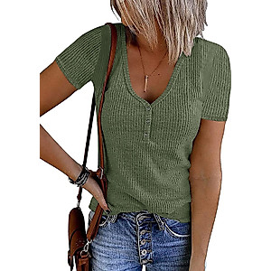 MEROKEETY Women's Short Sleeve V Neck Ribbed Knit Button T Shirts Henley Solid Color Summer Tops, Green, M