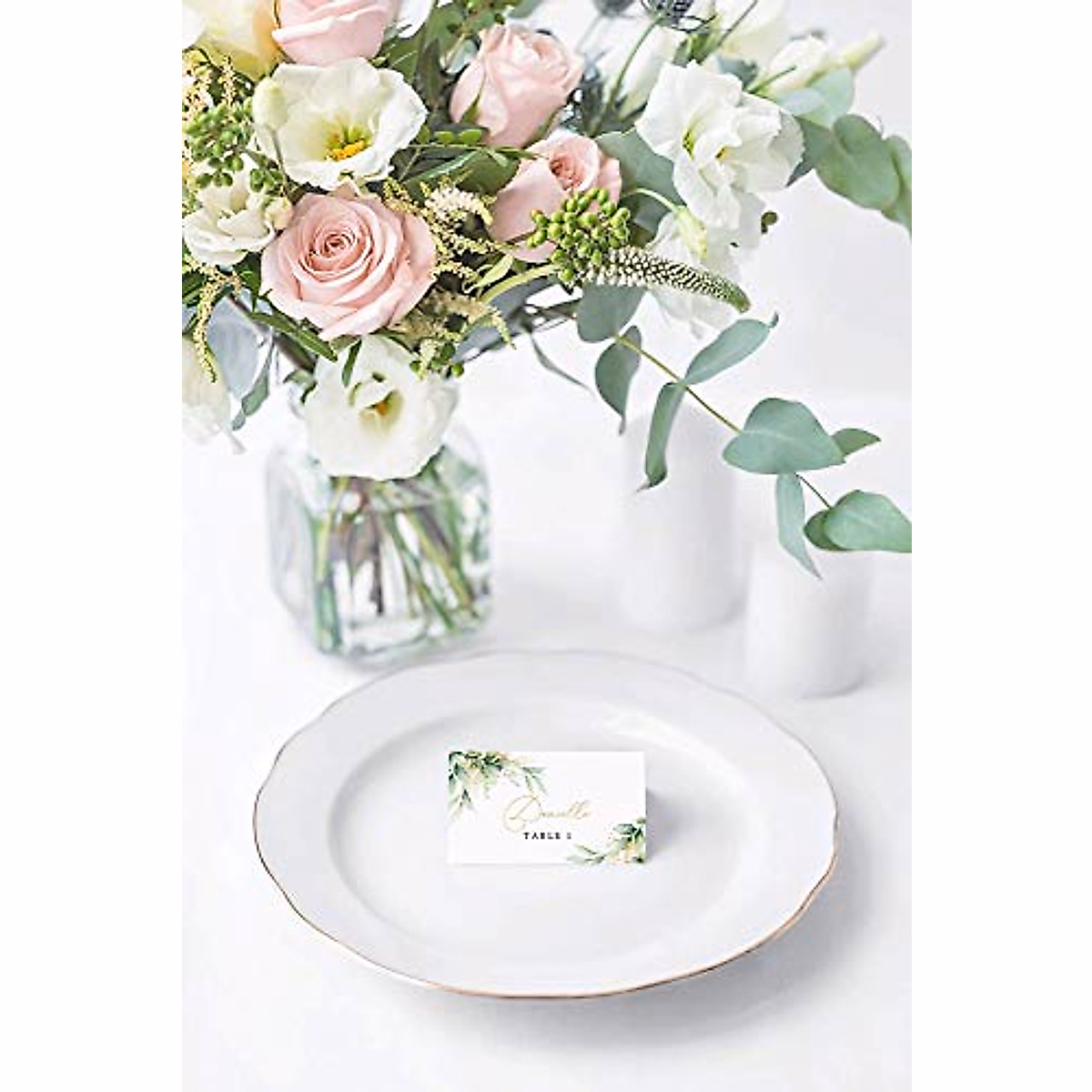 Wedding Place Cards Table, 50 Pack, 2 x 3.5 inch, Gold & Greenery Place Cards for Weddings, Premium Eucalyptus Wedding Name Place Cards for Table Setting, Easy Folding Matte Finish Placecards Wedding