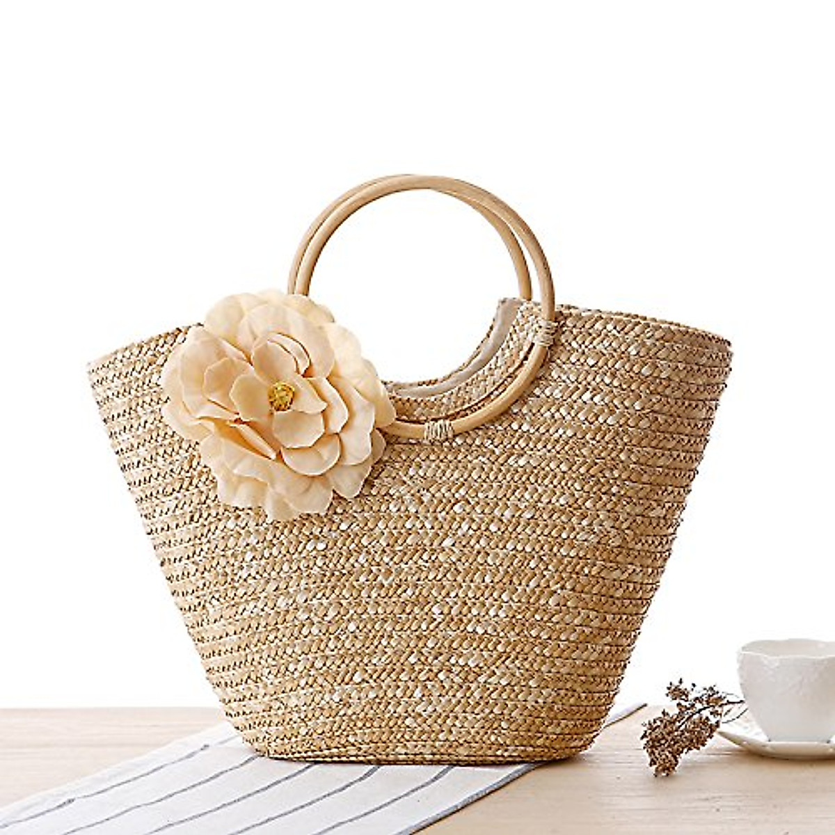 Women's Straw Handbag Flower Woven Summer Beach Messenger Tote Bag Basket Shopper Purse