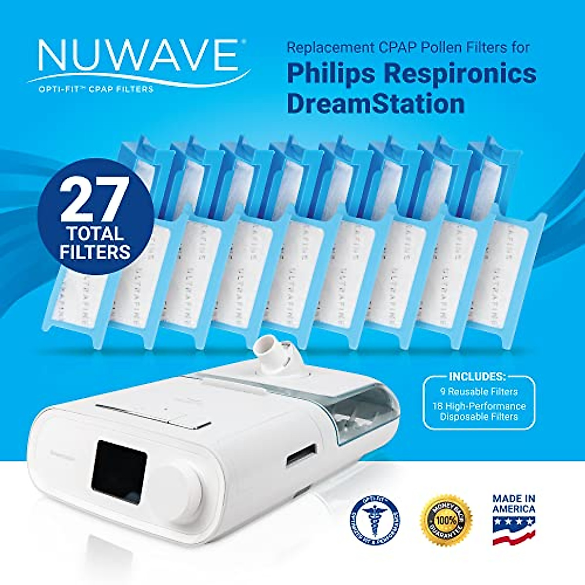 NUWAVE CPAP Filters (27 ct) for Respironics DreamStation 1 CPAP Machine. Includes 18 Ultrafines and 9 Reusable Filters (27 Total). CPAP Filters for Philips Respironics Dream Station 1 CPAP Machine