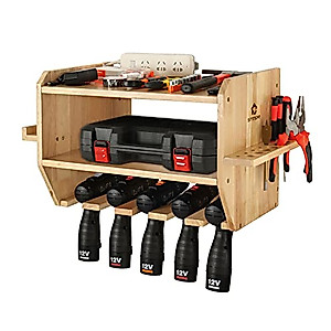 simesove Power Tool Organizer,Drill Holder Storage Wall Mounted with 6 Tool Organizer Slots, Wrench,Screwdriver and Circular Saw Storage,Solid Wooden Drill Charging Station