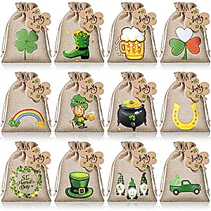 24 Sets St. Patrick's Day Party Favor Bags Green Shamrock Burlap Gift Bags St Patricks Day Candy Bags Irish Clover St Patricks Treat Bags Gift Wrap Bags for St. Patricks Day Party Favors, 7 x 5 Inch