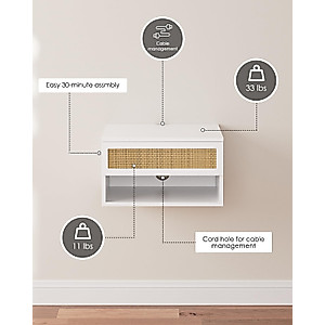Floating Nightstand, Small Modern Floating Nightstand with Drawer, Floating Shelves for Bedroom, Bathroom (White Rattan)