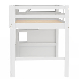 Linique Twin Size Loft Bed with Storage Staircase and 2 Window,Castle Playful Design Twin Loft Bed Frame with Space for Fun,White