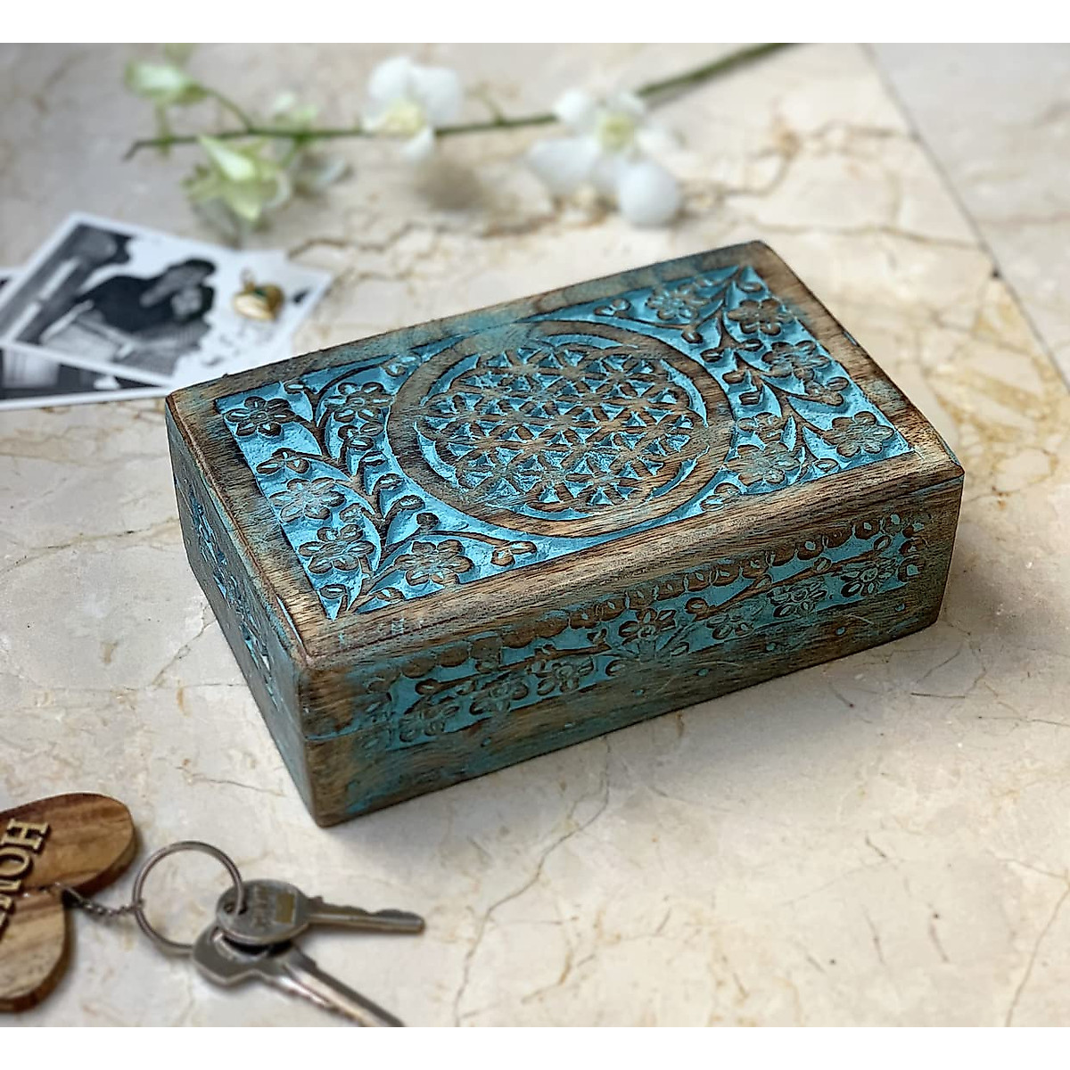 Great Birthday Gift Ideas Handmade Decorative Wooden Jewelry Box Jewelry Organizer Keepsake Box Treasure Chest Trinket Holder Watch Box Storage Lock Box Housewarming Gift Ideas Men Women (Blue)