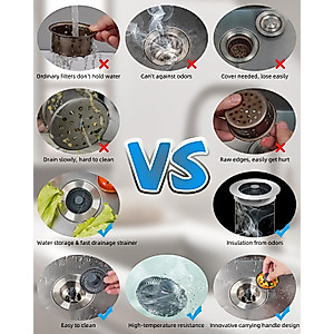 Hibbent Upgraded 3 in 1 Kitchen Sink Drain Strainer and Stopper Combo, Stainless Steel Metal Pop Up Sink Stopper, Anti-Clogging Basket Strainer with Handle for US Standard 3-1/2 Inch Drain