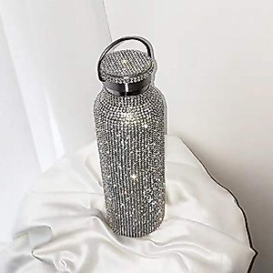 helegeSONG Diamond Water Bottle, Stainless Steel Insulated Water Bottle 12/17/25oz, Glitter Water Bottles for Women Refillable Water Bottles for Women Silver 750ml/25oz