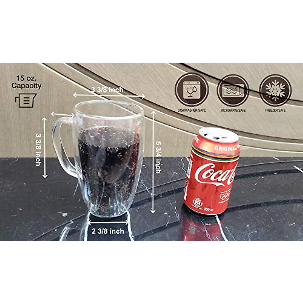 Gmark Large Coffee Mugs Set of 2 (15 oz), Double Wall Tumbler Glass Cup, Insulated Coffee Cups for Tea, Latte, Espresso, Juice, or Water GM2030