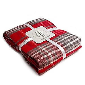 STP GOODS Cotton Red Throw Blanket Plaid for Couch Sofa Bed 86.6 х 63'' Twin Soft Warm Blanket with Fringe Scotch Travel Blanket (Red / Gray)