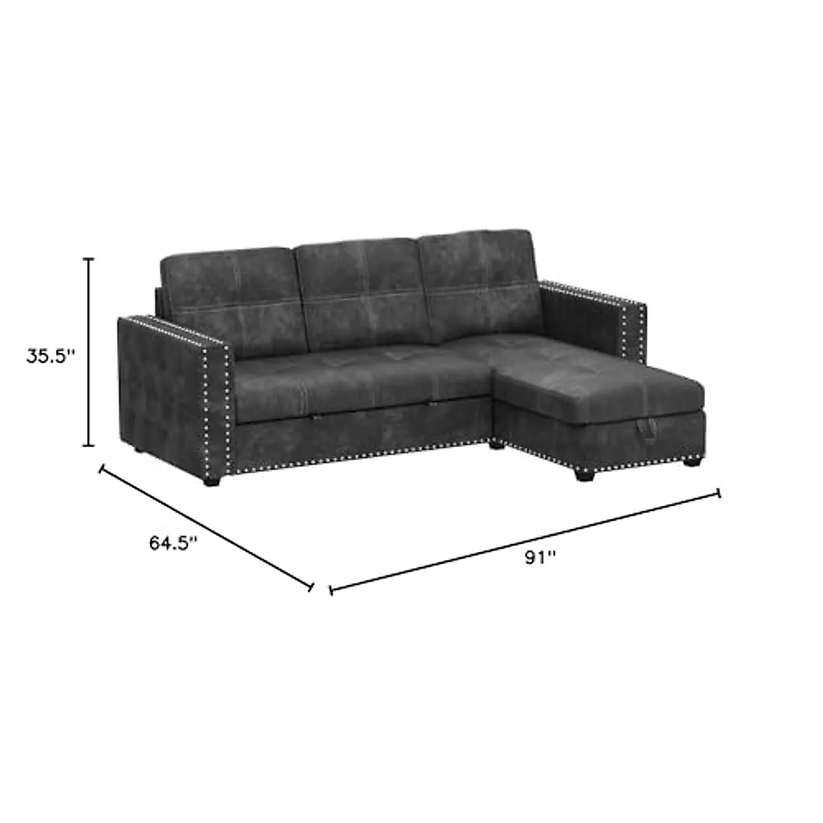 Morden Fort Sectional Sleeper Sofa with Pull Out Bed Storage, Queen Size 91 inches Sofa Bed, L-Shape Sectional Couch with Comfy Chaise Seat Sectional Sleeper Couch for Living Room, Black