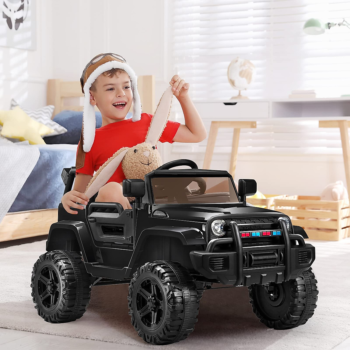 JOYMOR Ride on Truck with Remote Control, 4 Wheels 12V Battery Powered Kids Car, with LED Headlight/Horn Button/ MP3 Player/USB Port/Forward Backward/Kids Girl Boy (Black)