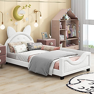Linique Twin Size Teddy Fleece Upholstered Daybed with Rabbit Carton Ears Shaped Headboard,Twin Wooden Daybed Frame for Girls