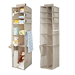 mDesign Long Soft Fabric Over Closet Rod Hanging Storage Organizer with 12 Divided Shelves, Side Pockets for Child/Kids Room or Nursery, Store Diapers, Wipes, Lotions, Toys - 2 Pack - Taupe/Natural