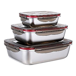 3 Pieces Stainless Steel Food Storage Container with Lids Airtight Metal Food Containers Stackable Meal Prep Leftover Containers for Freezer Fridge Oven Dishwasher Safe 600ml/1500ml/2900ml