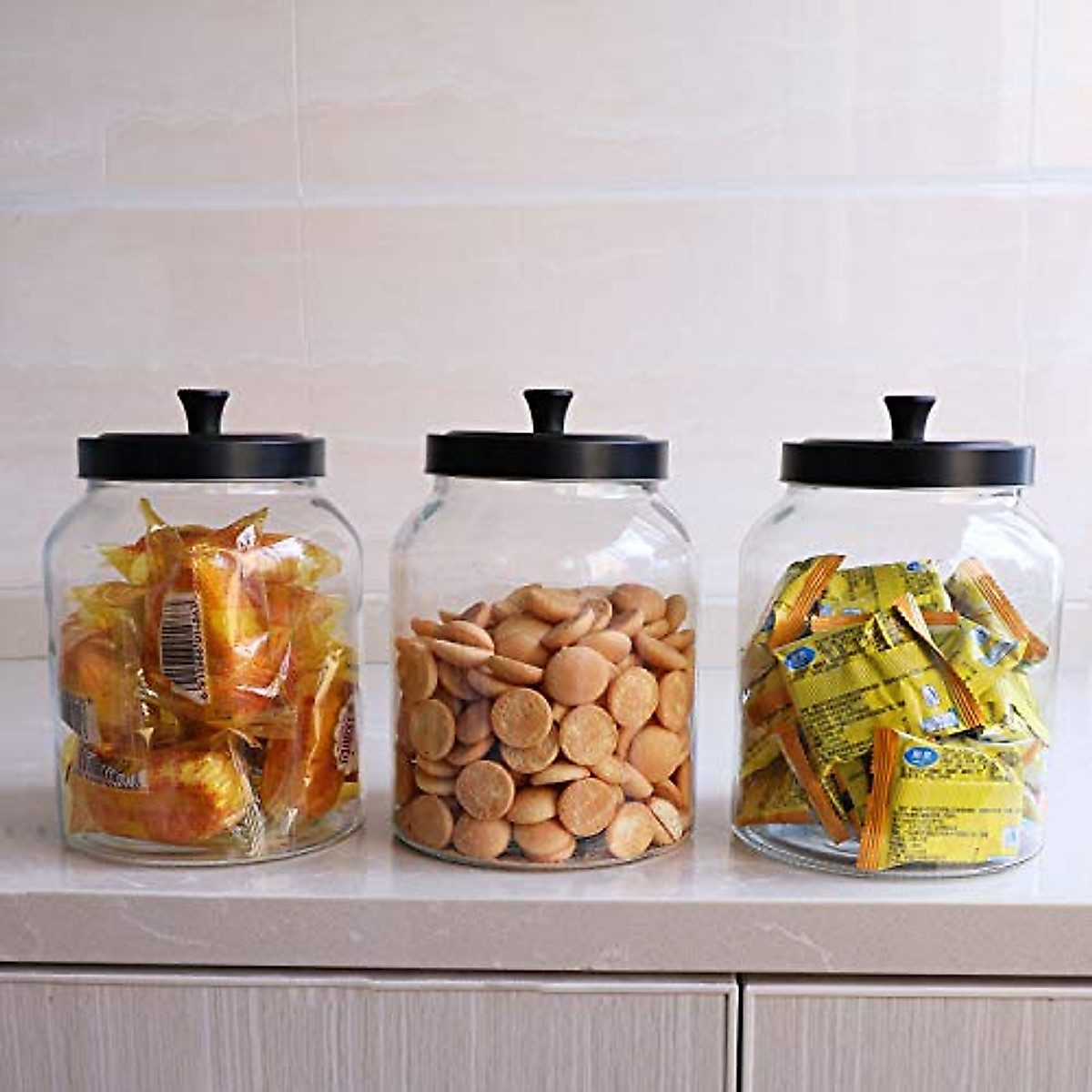 Glass Jars With Sealed Lids,Clear Glass Food Storage Container with Black Brushed Metal lids,100 OZ(Set of 3)