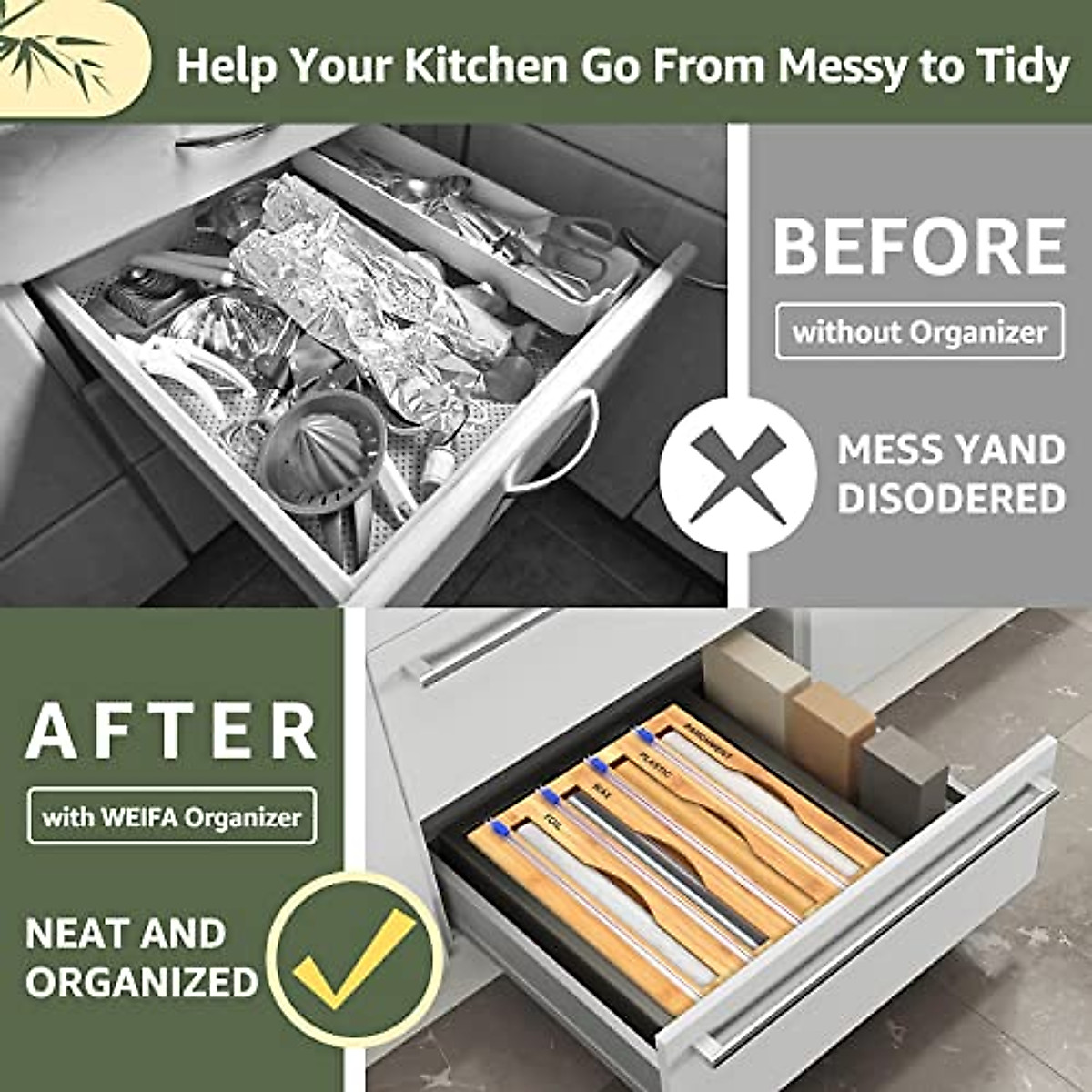 4 in 1 Foil and Plastic Wrap Organizer, WEIFA Wrap Dispenser with Cutter for Drawer and Kitchen Storage, Holder for 12" Roll Plastic Wrap, Aluminum Foil, Wax, Parchment.