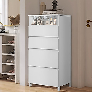 LTMEUTY Dresser for Bedroom, 4 Drawer Dresser with Mirror and Lights, Modern Tall Chest of Drawers with Makeup Organizer for Small Space, Bedroom, Entryway, Living Room (White)