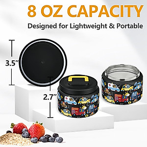 PIQUEBAR 8oz Kids Thermo for Hot Food,Small Lunch Thermos Food Container Stainless Steel,Easy Open Wide Mouth Thermo for Hot Cold Food for Preschool Travel (Black Animal Truck)