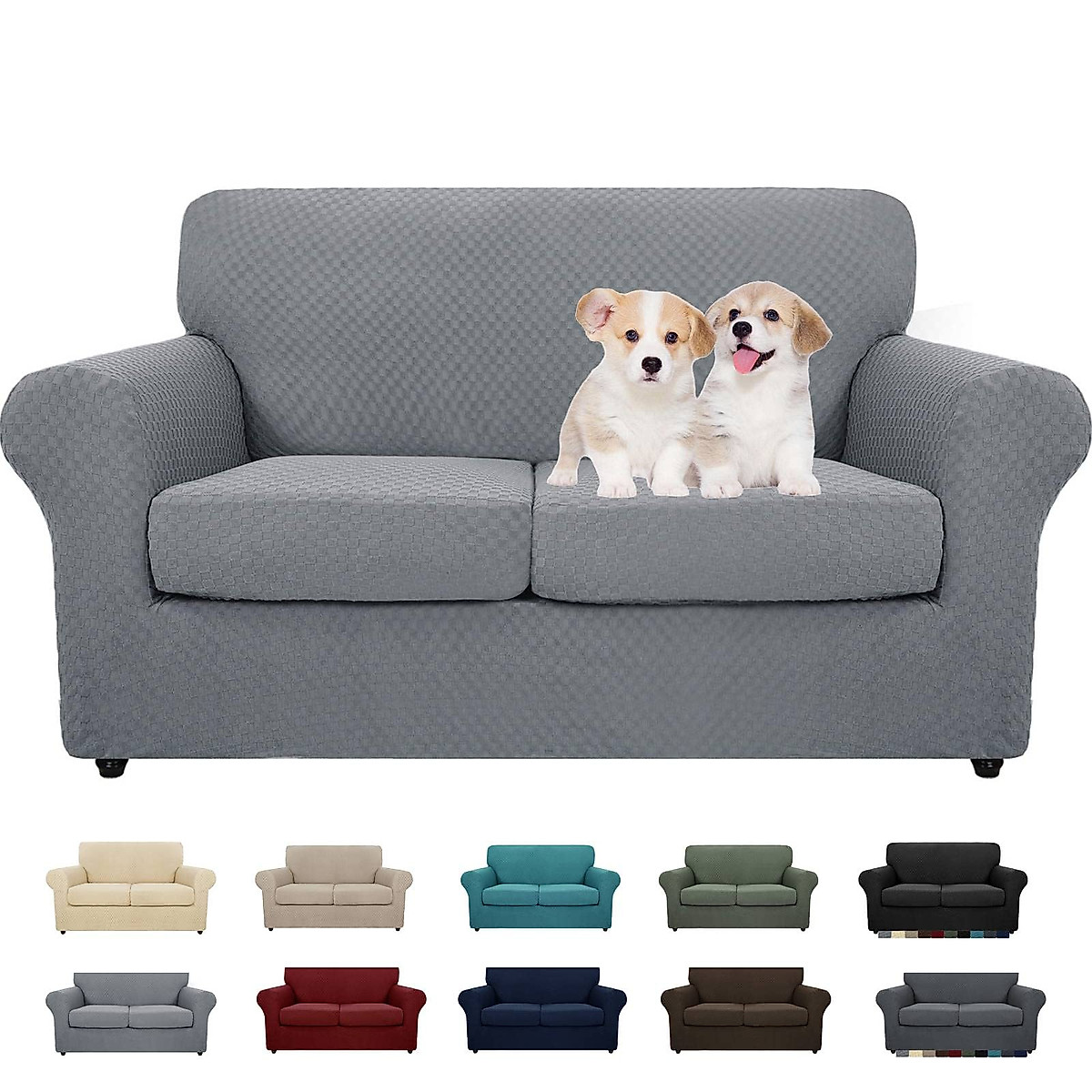 MAXIJIN 3 Piece Jacquard Couch Covers for 2 Cushion Couch Stretch Non Slip Love Seat Couch Cover for Dogs Pet Friendly Elastic Furniture Protector Loveseat Slipcovers (Loveseat, Light Gray)