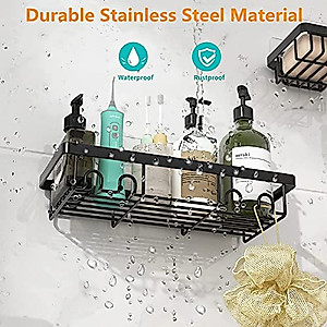 Preziouz 3 Pack Bathroom Organizer with Hooks, Self Adhesive Black Shower Caddy, No Drilling & Stainless Steel, Wall Mounted Shower Shelves for Shampoo and Soap Storage