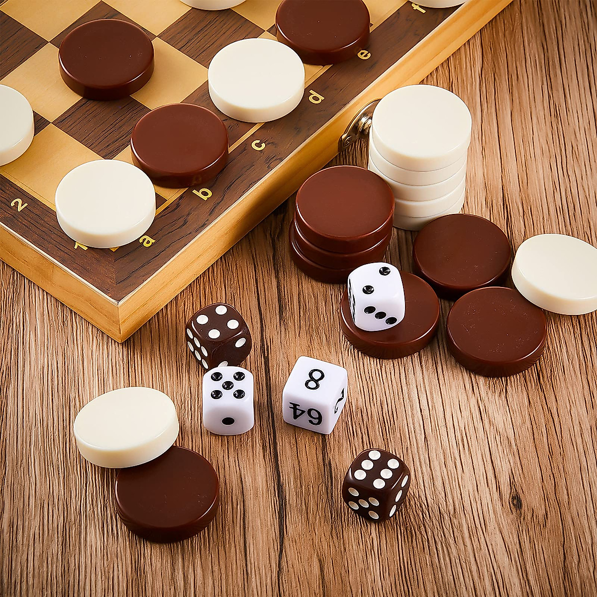 30 Pieces Backgammon Pieces Checkers 1.25 Inch Replacement Checkers Board Game Pieces Playing Game Chips with 5 Dice and Drawstring Storage Pouch for Checkers Game Supplies, Brown and White