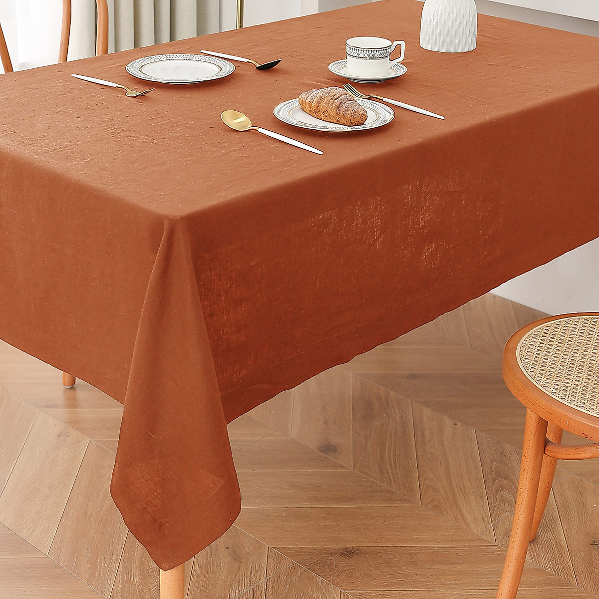 L Linen World Linen Tablecloth 60x90Inch,100% Pure Linen Rustic Tablecloth Rectangular Tablecover,Wedding,Dining,Natural European Flax,Decorative Valentine's Day,Spring,Easter(Rust)