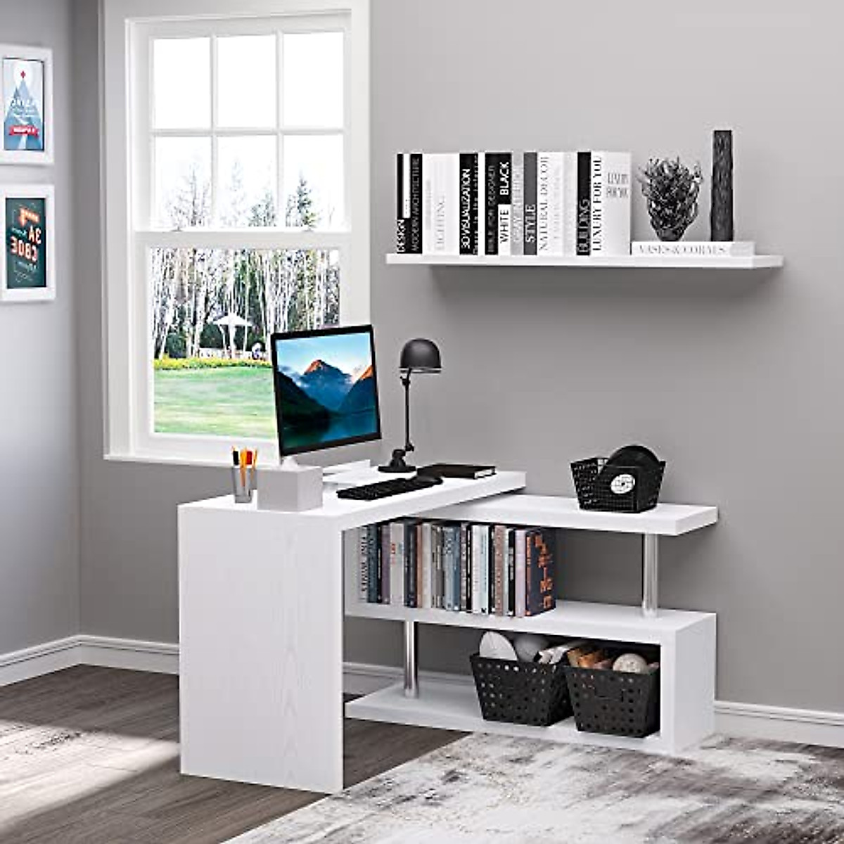 HOMCOM 360 Degree Rotating Corner Computer Desk, L Shaped Desk, Home Office Workstation with 3-Tier Storage Shelves, White