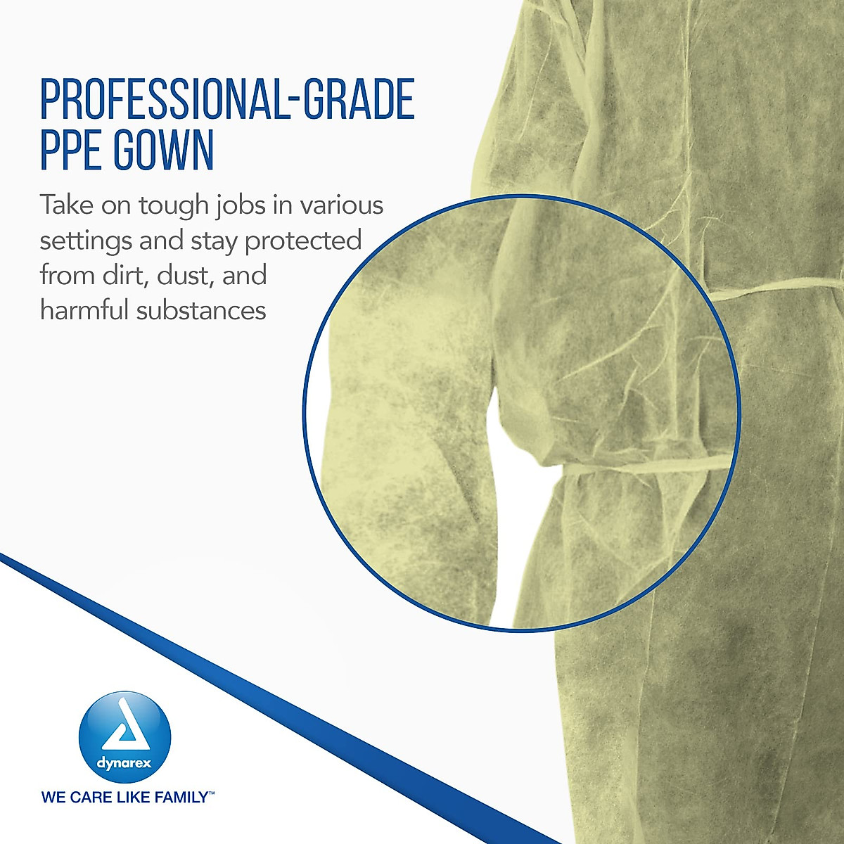 Dynarex Isolation Gowns - Full-Length, Max-Coverage Disposable Gowns - PPE Hospital Gown with Elastic Cuffs, Sewn Seams, Long Waist Ties, No Latex - Yellow, Large, 1 Case - 10 Bags of 5