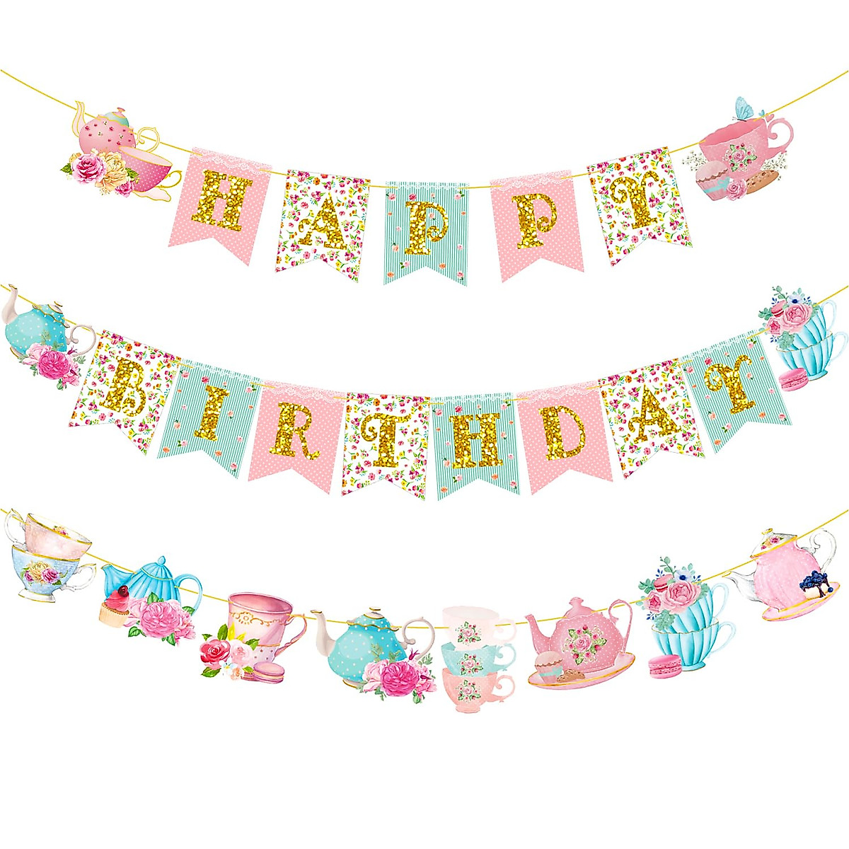 Floral Tea Happy Birthday Party Banner Tea Party Hanging Decorations 3Pcs Tea Cutout Banners Teapot Banners for Afternoon Tea Time Theme Baby Shower Supplies
